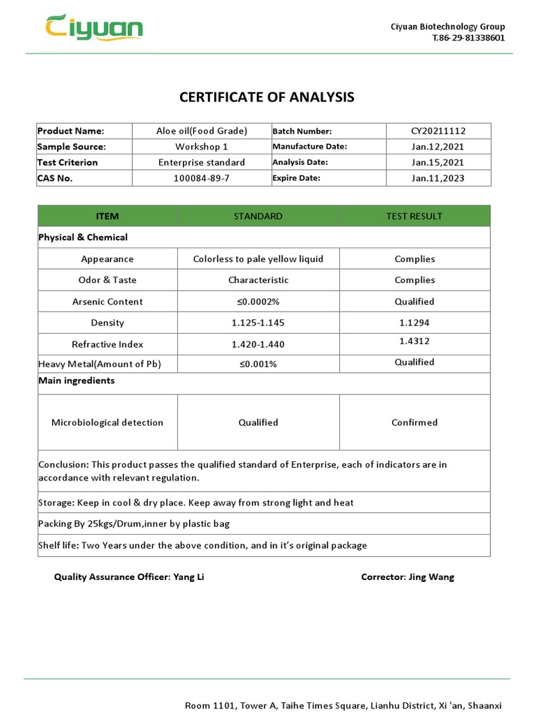 COA+of+Food+Grade+Aloe+oil.pdf | PDF