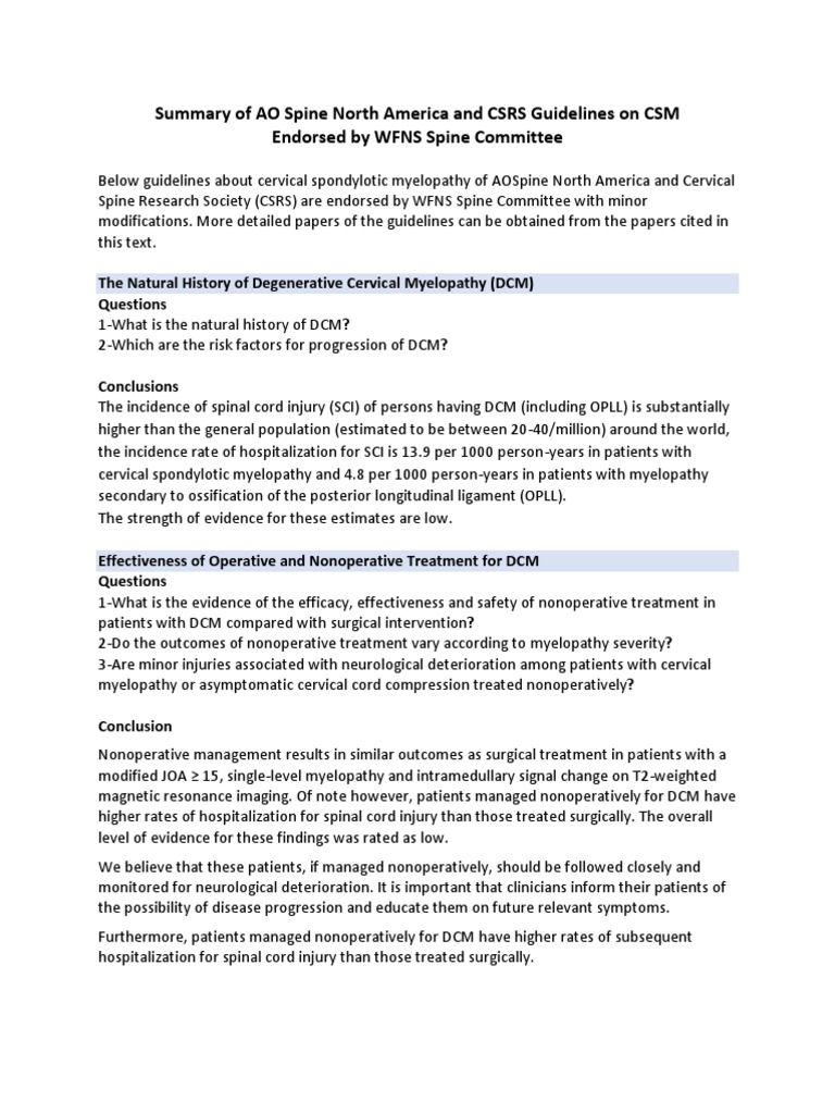 Summary of AO Spine North America and CSRS Guidelines On CSM Endorsed ...