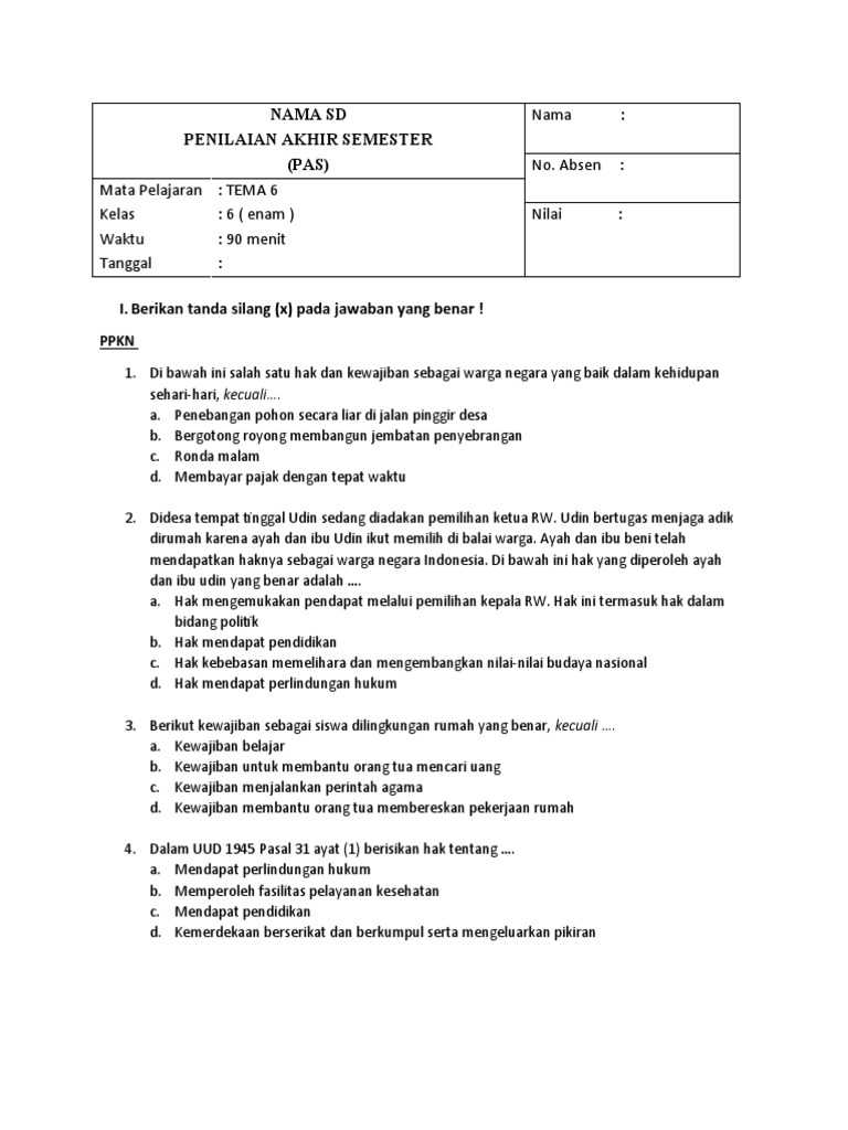 Soal PAS Kelas 6 Tema 6 | PDF