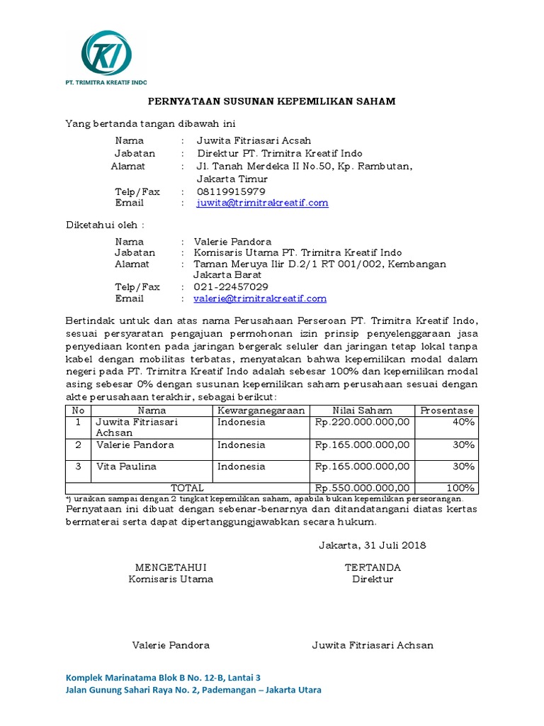 Surat Pernyataan Kepemilikan Saham | PDF