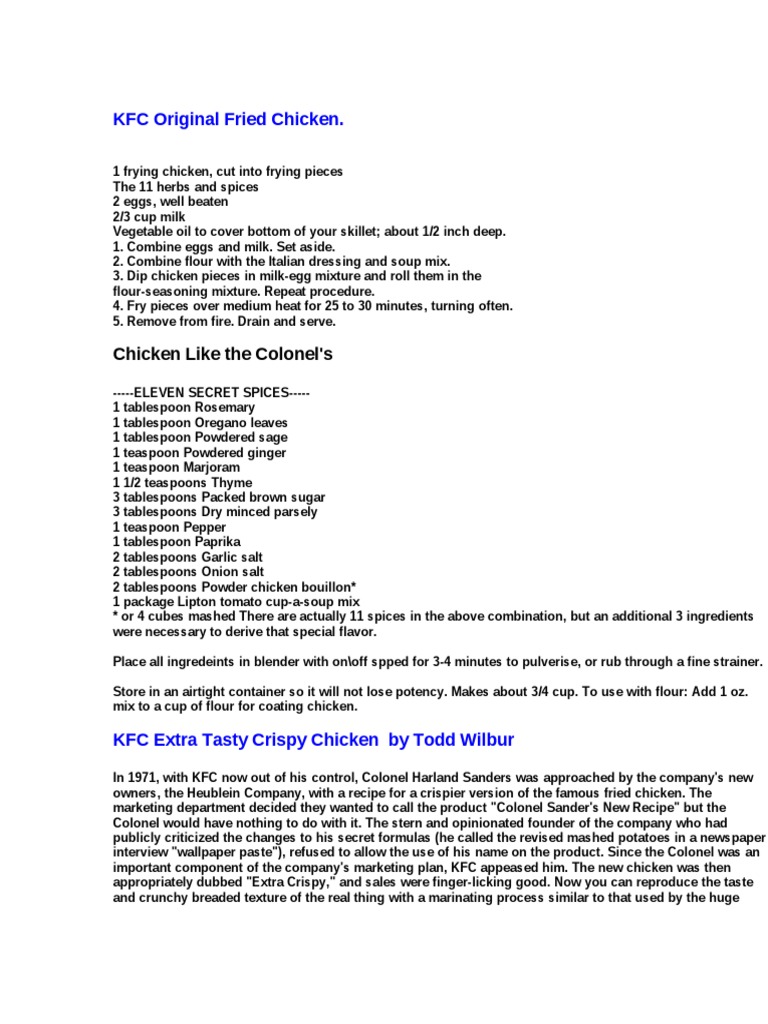 KFC Original Fried Chicken Recipe | PDF