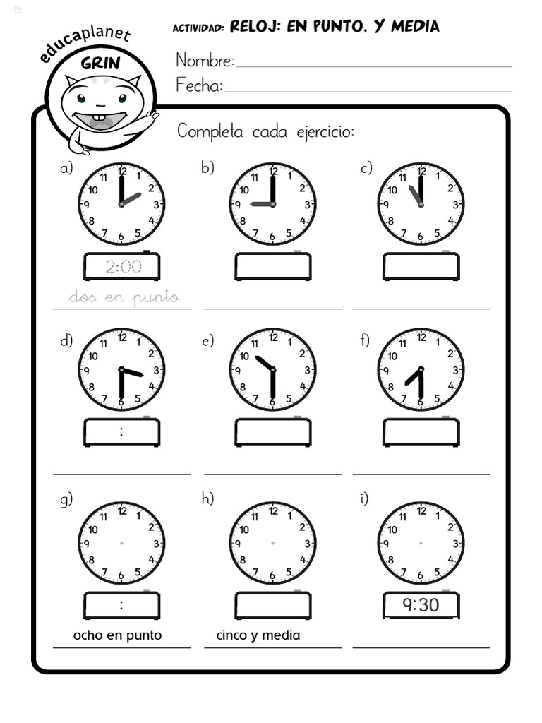 Ejercicios de Reloj para Primaria | PDF