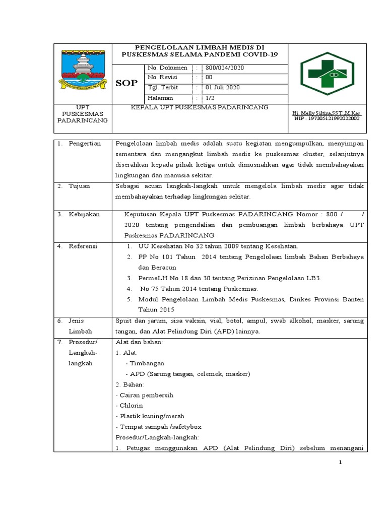 Sop Pengelolaan Limbah Medis Selama Pandemi PKM Padarincang | PDF