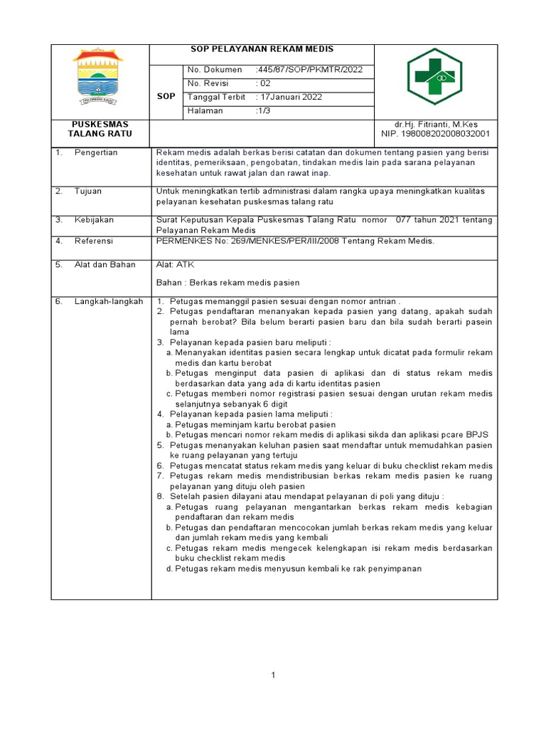 Sop Pelayanan Rekam Medis | PDF
