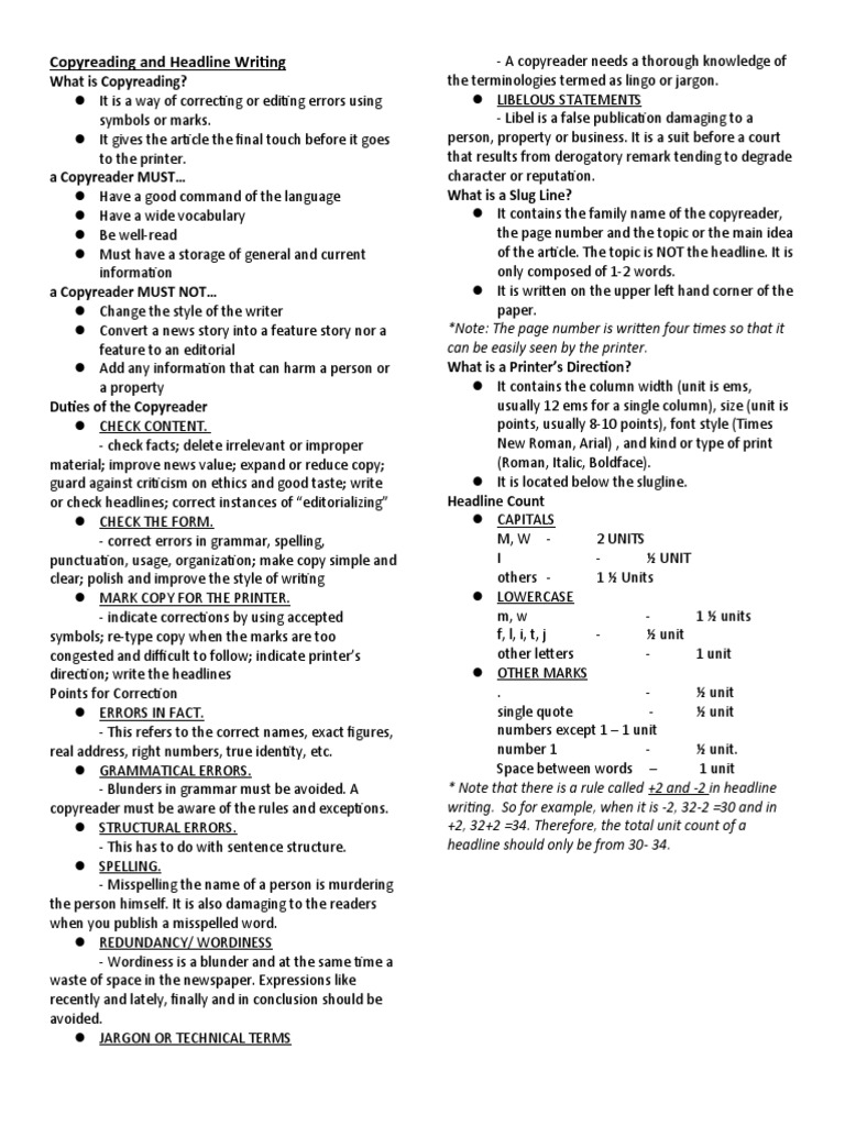 Copyreading and Headline Writing Handout | PDF