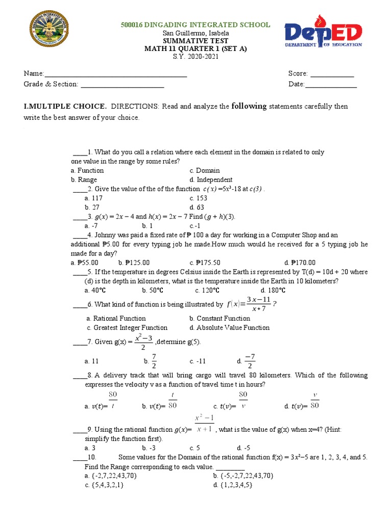 G11 Math Q1 Set A 2021-2022 | PDF