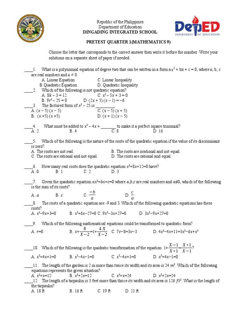 MATH 9 Pre Test Q1 2021 | PDF