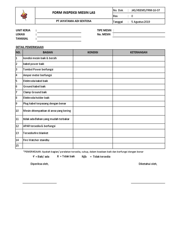 Form Inspeksi Mesin Las 2019 | PDF