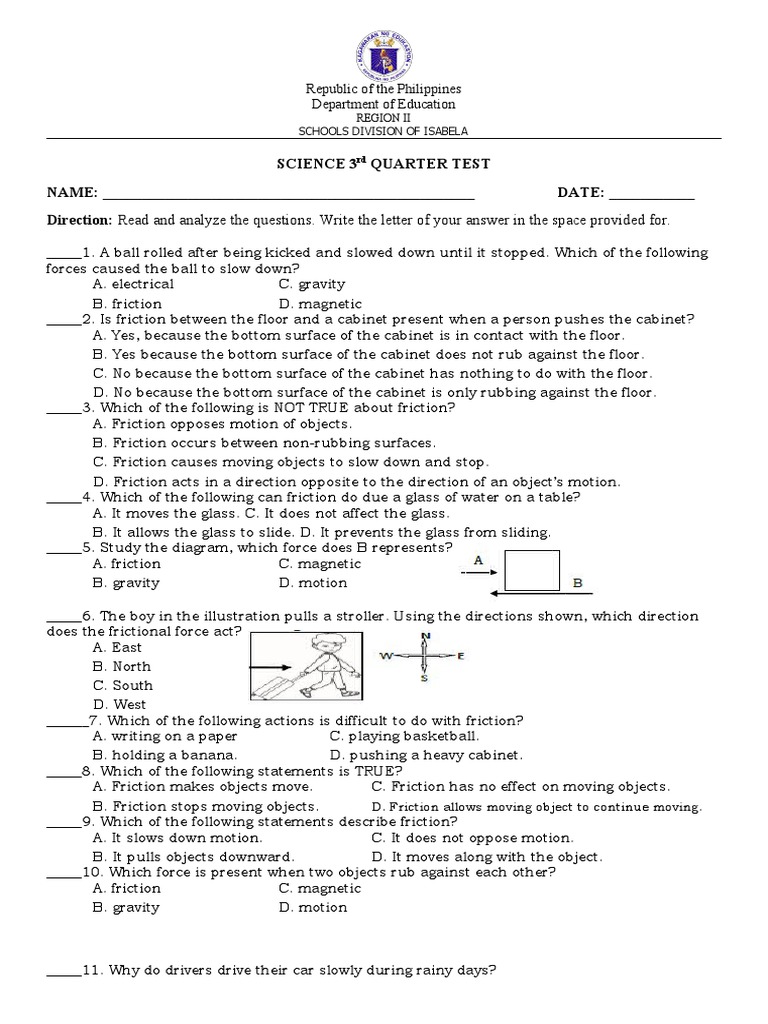 Science 3rd Quarter Test: Forces & Friction | PDF