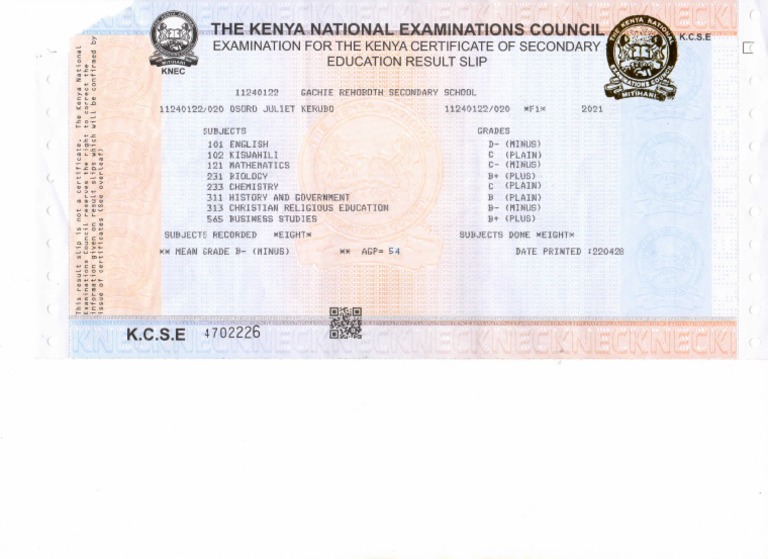 Juliet KCSE Result Slip001 PDF | PDF
