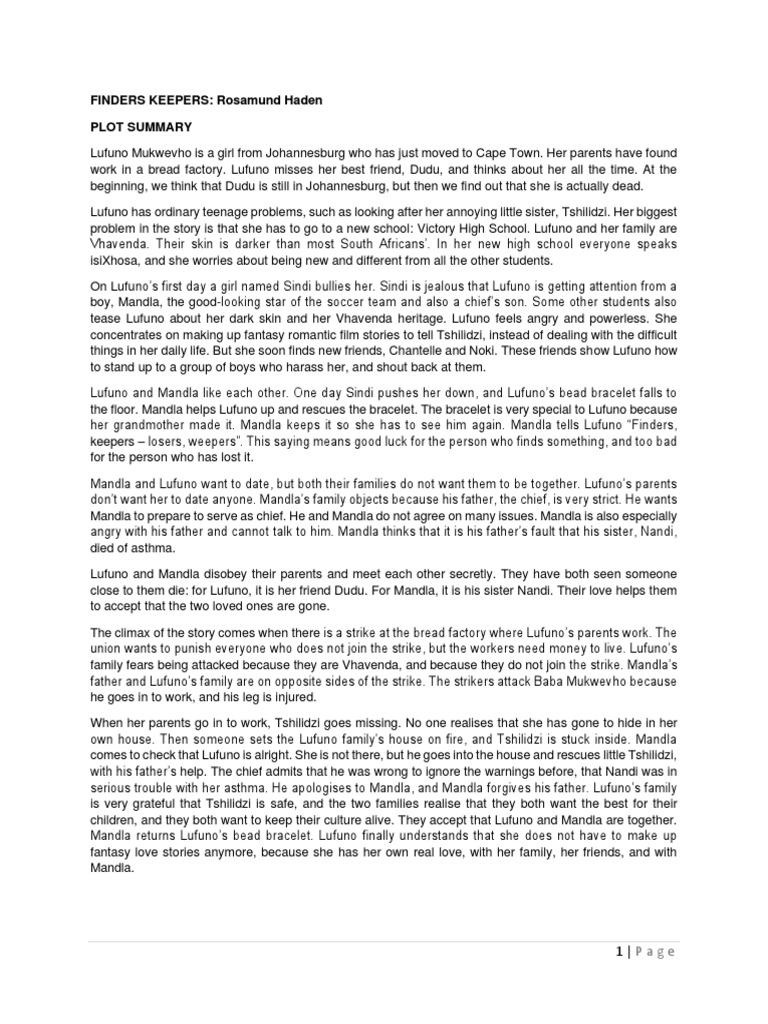 B ENGLISH FAL GRADE 10 FINDERS KEEPERS NOTES PDF | PDF