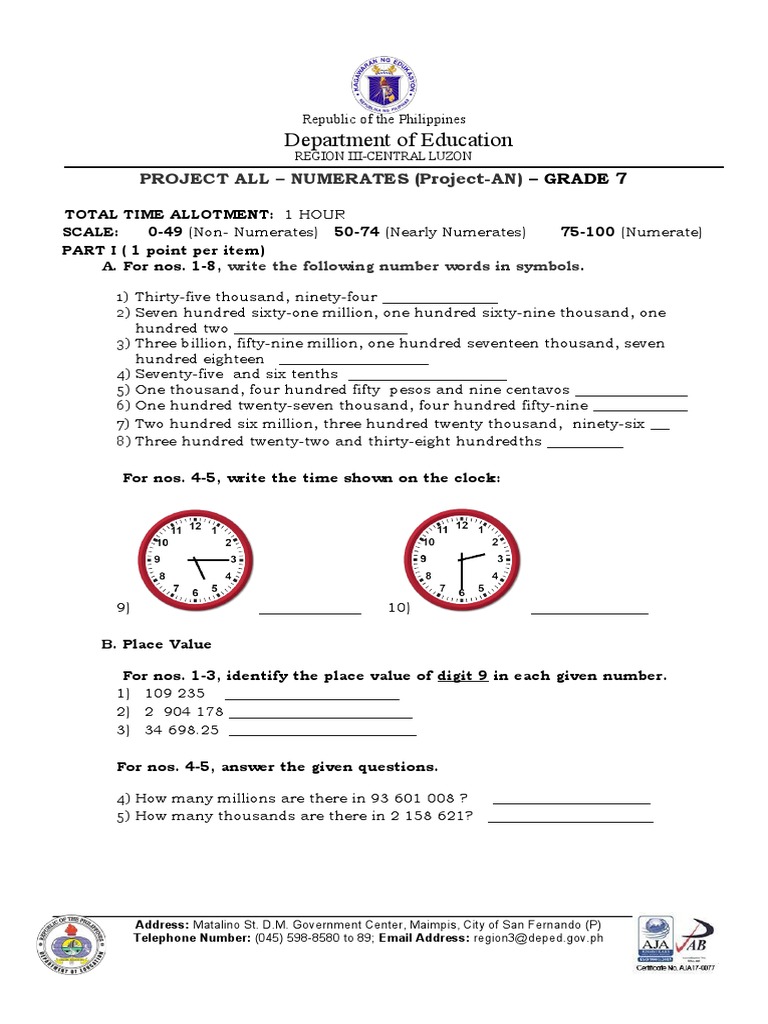 Grade 7 NUMERACY MIDYEAR ASSESSMENT | PDF