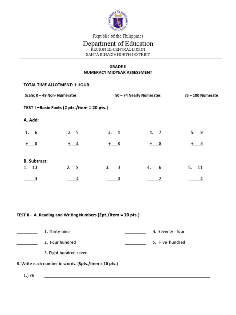 Grade 2 NUMERACY MIDYEAR ASSESSMENT | PDF