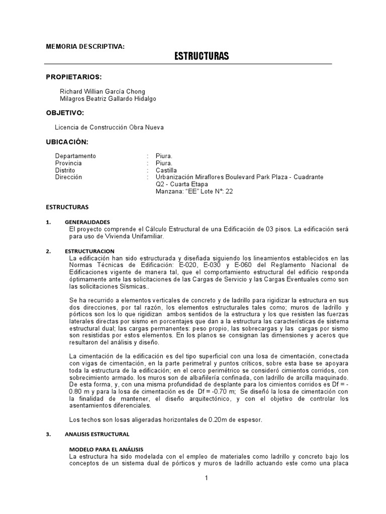 Memoria Descriptiva Estructura | PDF