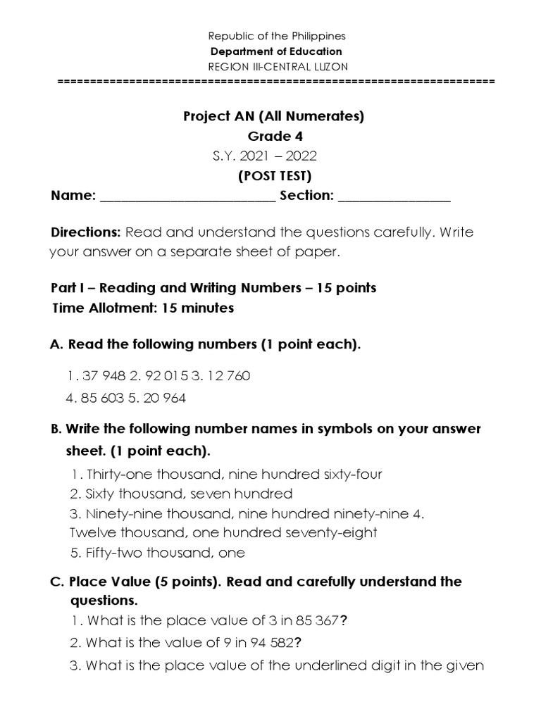 Republic of the Philippines Math Test | PDF