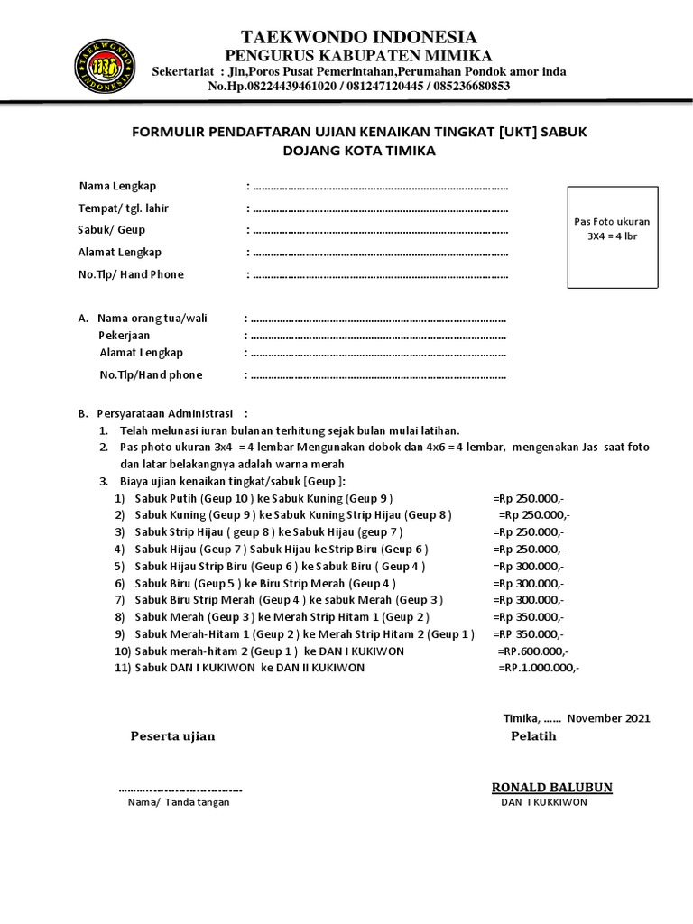 Formulir Pendaftaran Ujian Kenaikan Tingkat TKD Kab - Mimika-1 PDF | PDF