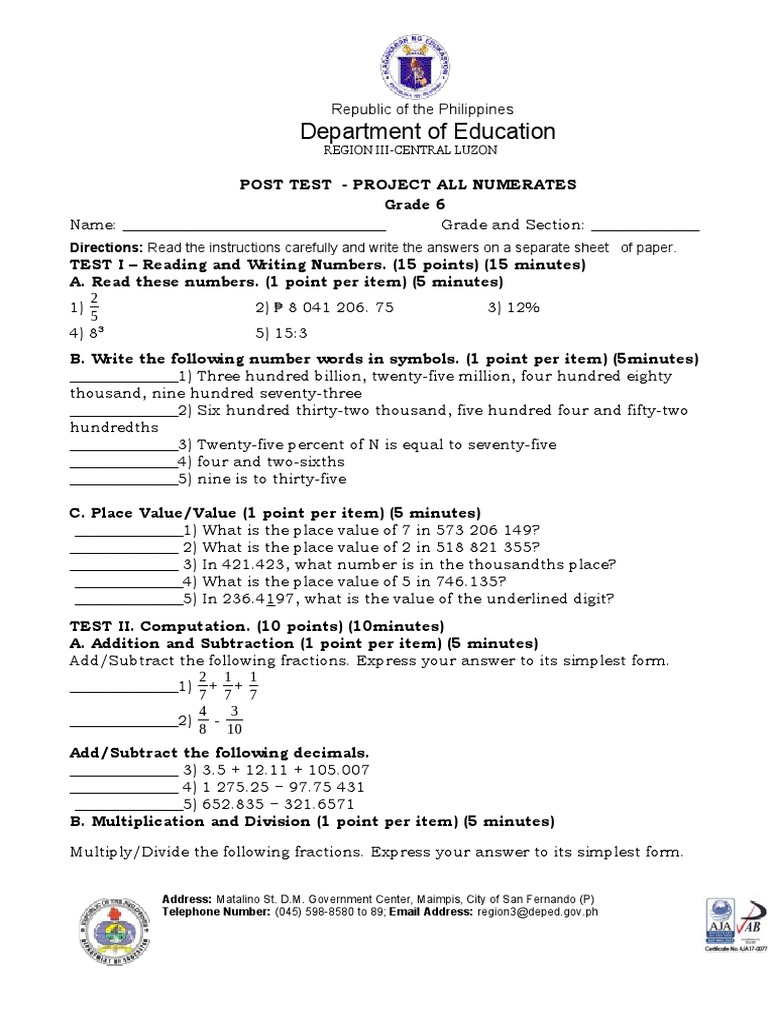 Assessment Tool Post Test PROJECT ALL NUMERATES Grade 6 1 | PDF