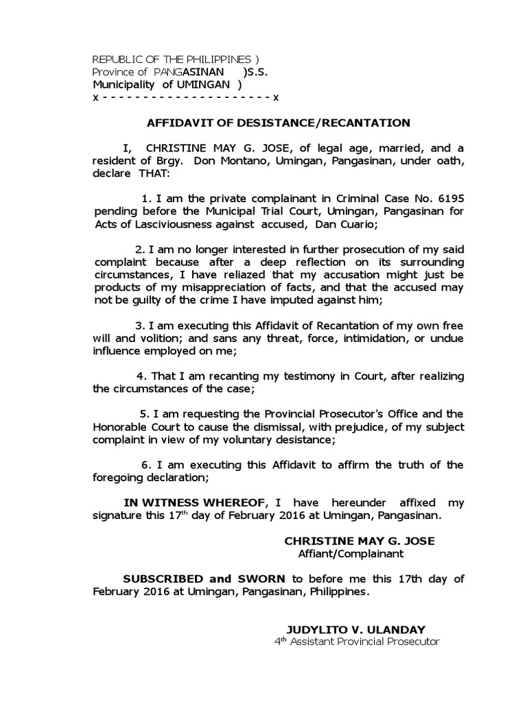 Affidavit of Desistance & Motion To Dismiss MTC PDF | PDF | Affidavit | Prosecutor