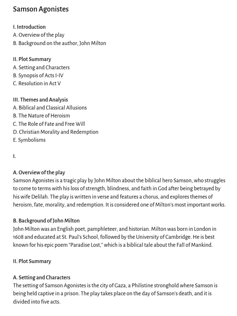 Samson Agonistes I. Introduction A. Overview of the play B. Background ...