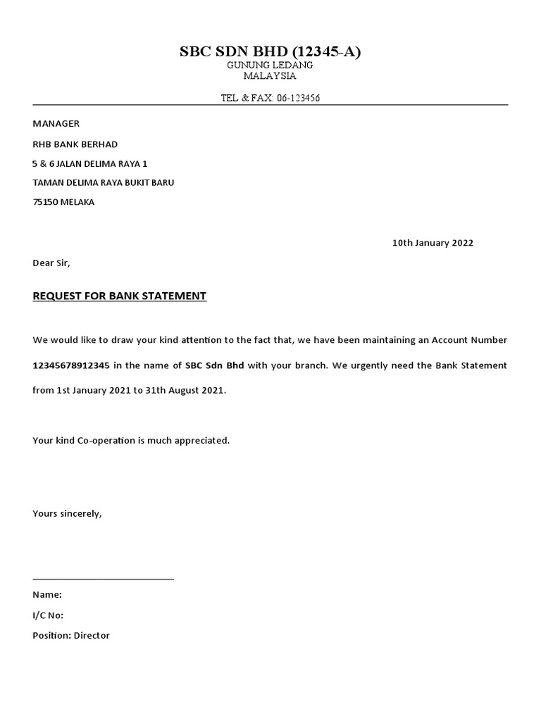 REQUEST BANK STMT - LETTER (sample).docx | PDF
