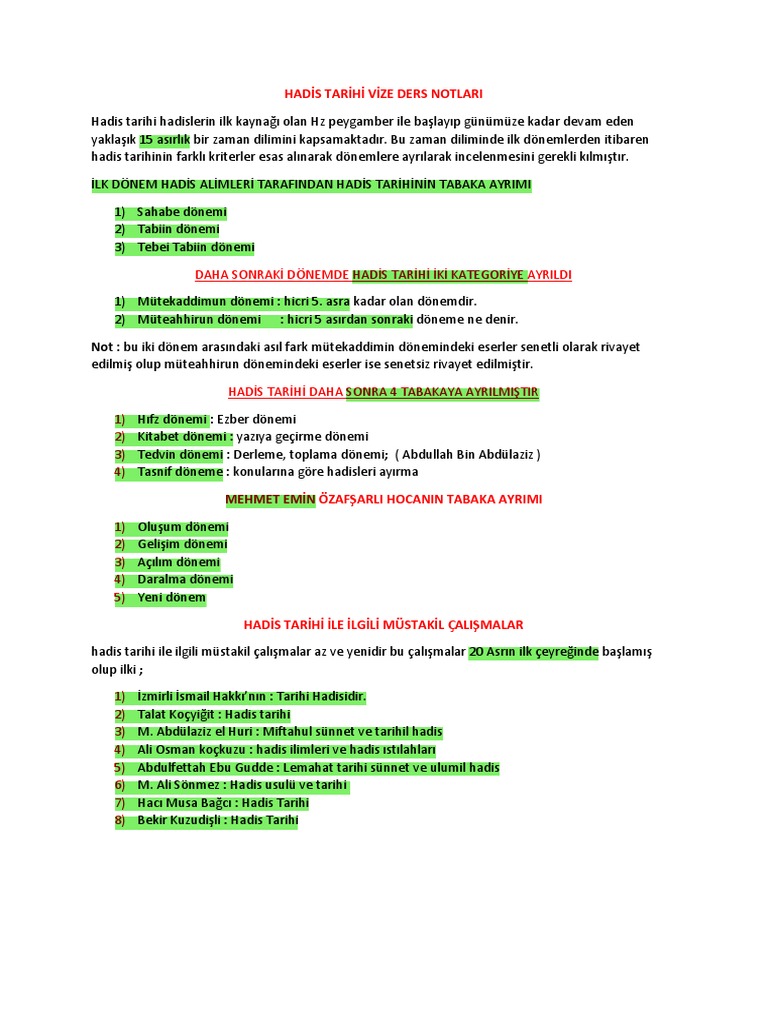 hadis tarihi vize ders notları | PDF