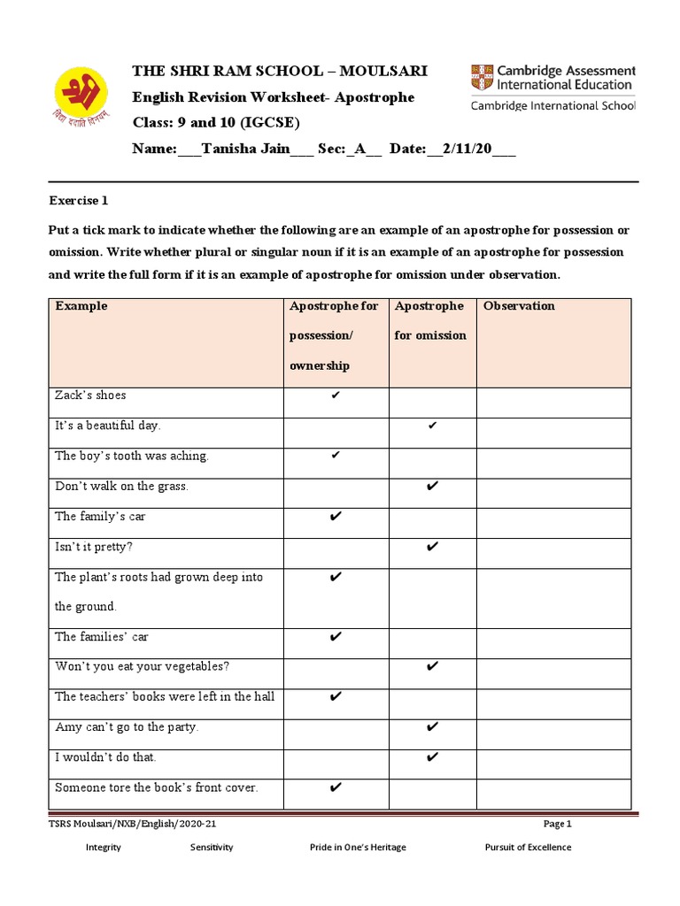 Using Apostrophes Correctly: A Worksheet for Students of Class 9 and 10 ...