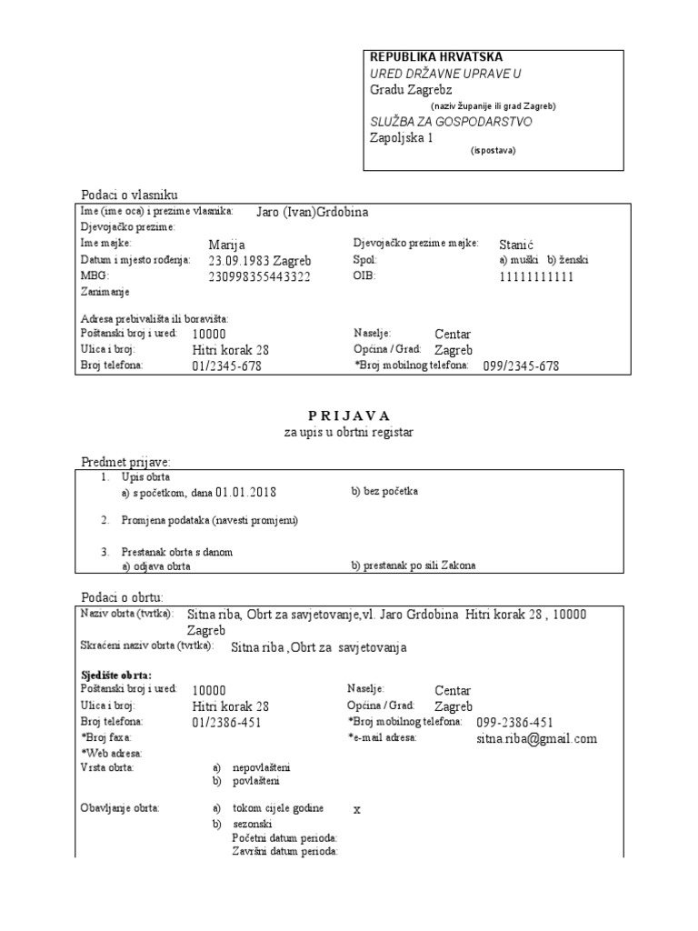 OR - Prijava - Za - Upis - U - Obrtni - Registar - Sitna Riba | PDF