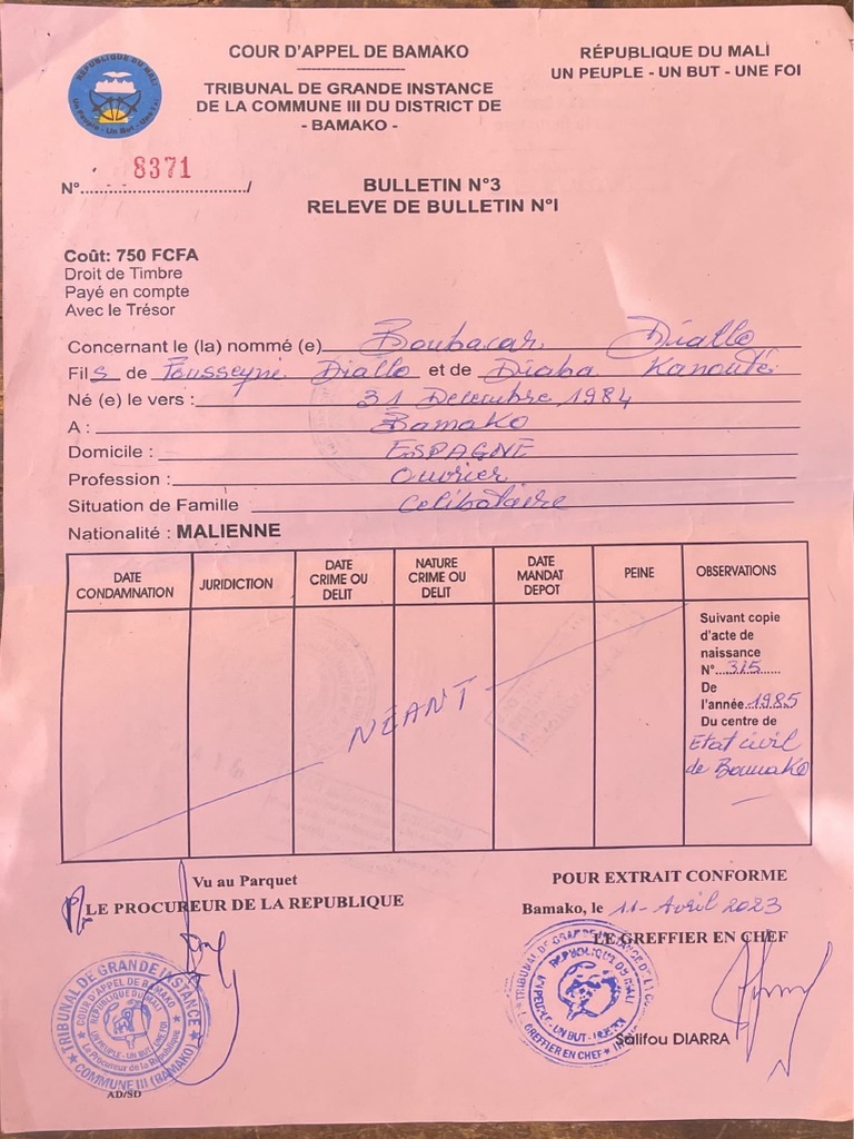 Certificado Penal de Boubacar Diallo | PDF
