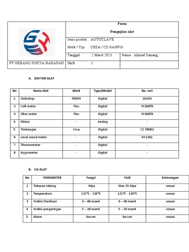 Form Uji Alat Autoclave | PDF