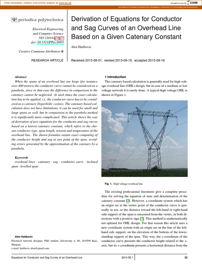 Derivation of Equations For Conductor and Sag Curves of An Overhead Line Based On A Given ...