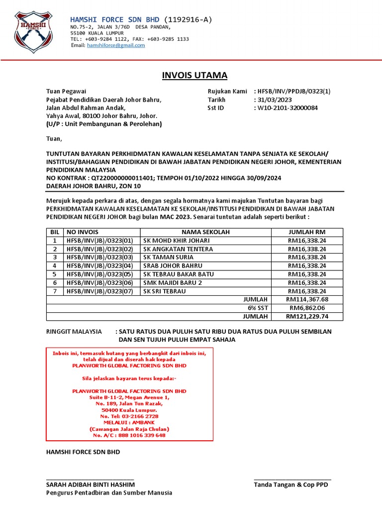 Invois Utama Johor Bahru 10 0323 (PPD & Syarikat) | PDF