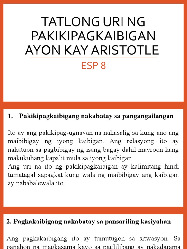 ESP8_tatlong uri ng pakikipagkaibigan ayon kay Aristotle.pptx | PDF