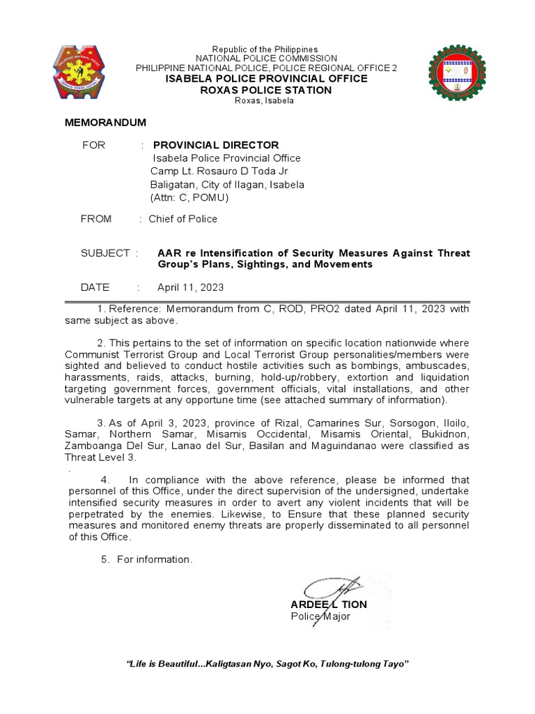 April 11 AAR Re Intensification of Security Measures Against Threat ...