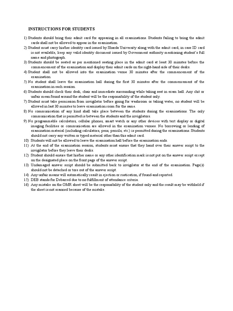 Admit Card Instructions | PDF