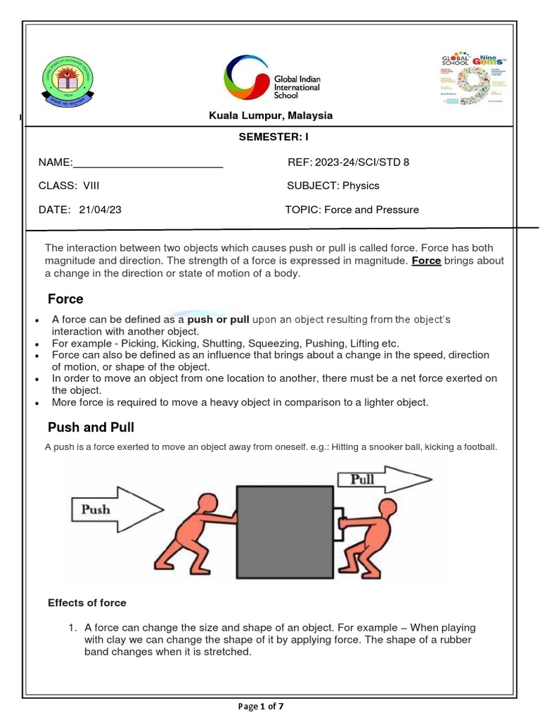 Force And Pressure Handout Std8 Pdf Pdf