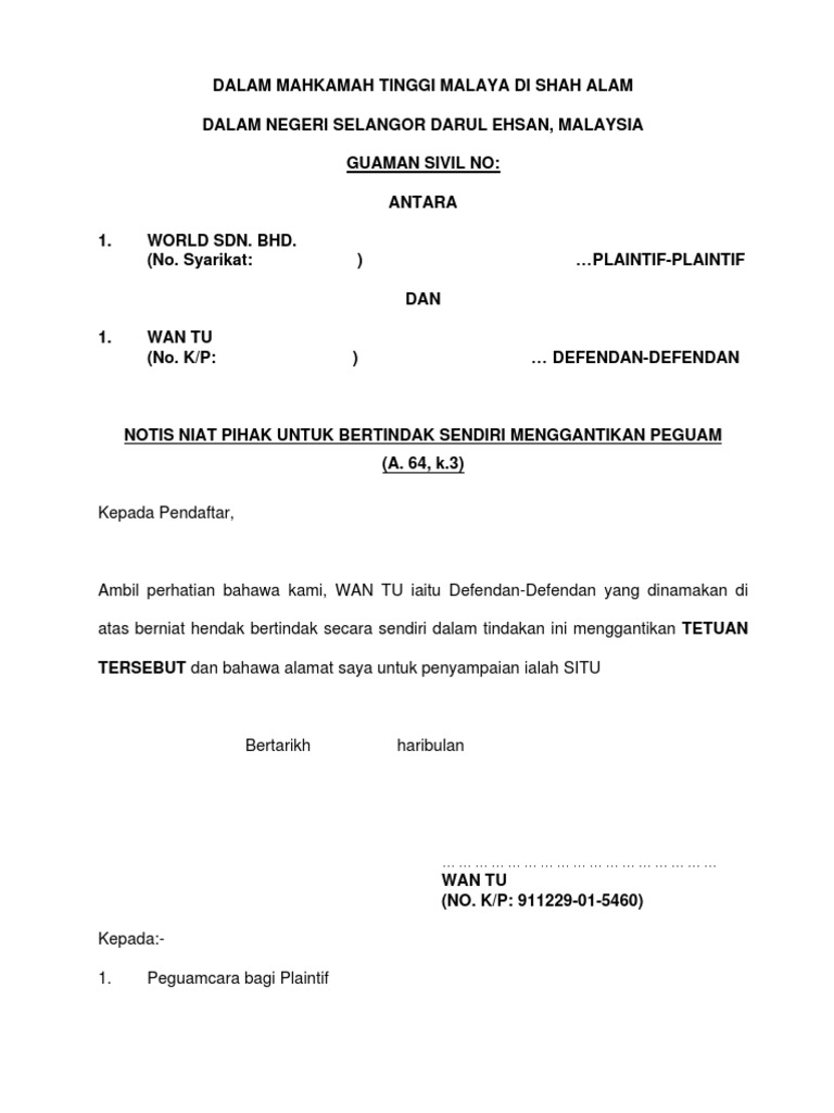 notis niat pihak untuk bertindak sendiri | PDF
