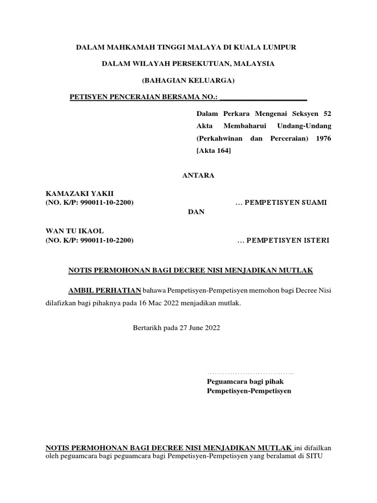 Notis Permohonan bagi Dekri Nisi menjadikan mutlak | PDF