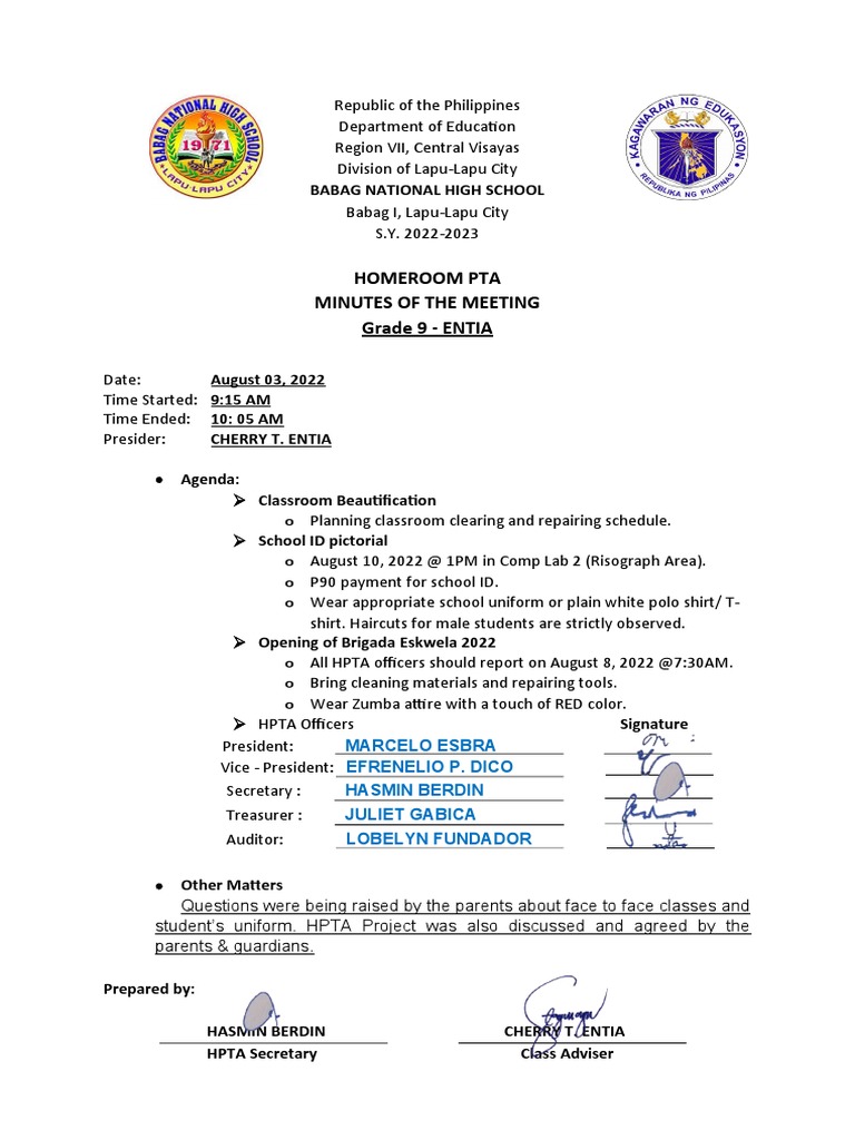 Minutes of PTA Meeting 2022 2023 | PDF