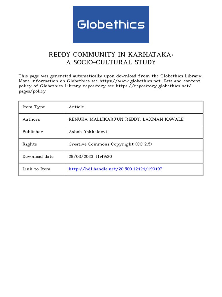 Reddy Community in Karnataka: A Socio-Cultural Study | PDF