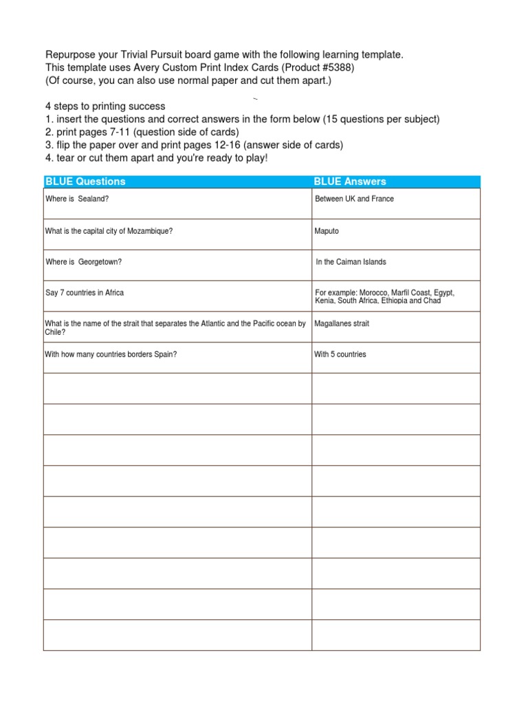 Trivial Pursuit Custom Card Template | PDF