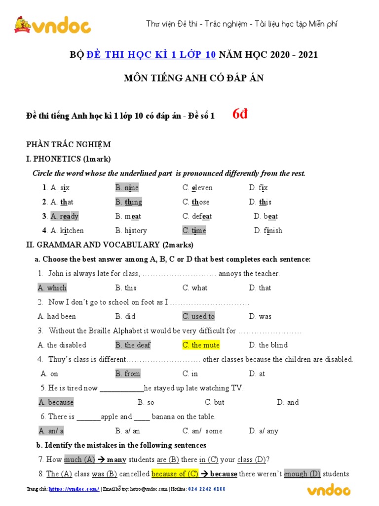 Bo de Thi Hoc Ki 1 Lop 10 Mon Tieng Anh Co Dap An | PDF