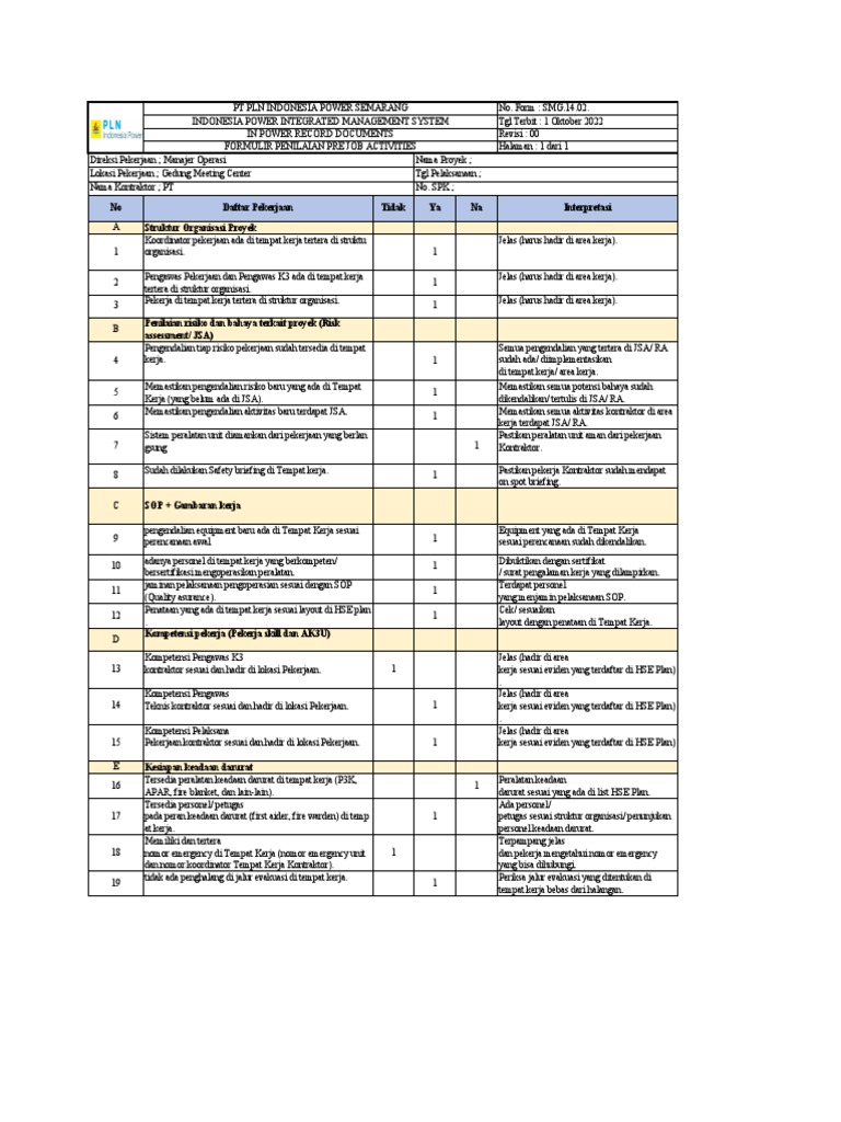 Lampiran 10. Formulir Penilaian Pre Job Activity - Rev 01 | PDF