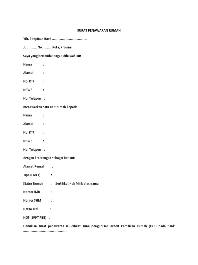 Contoh Surat Penawaran Rumah KPR PDF | PDF