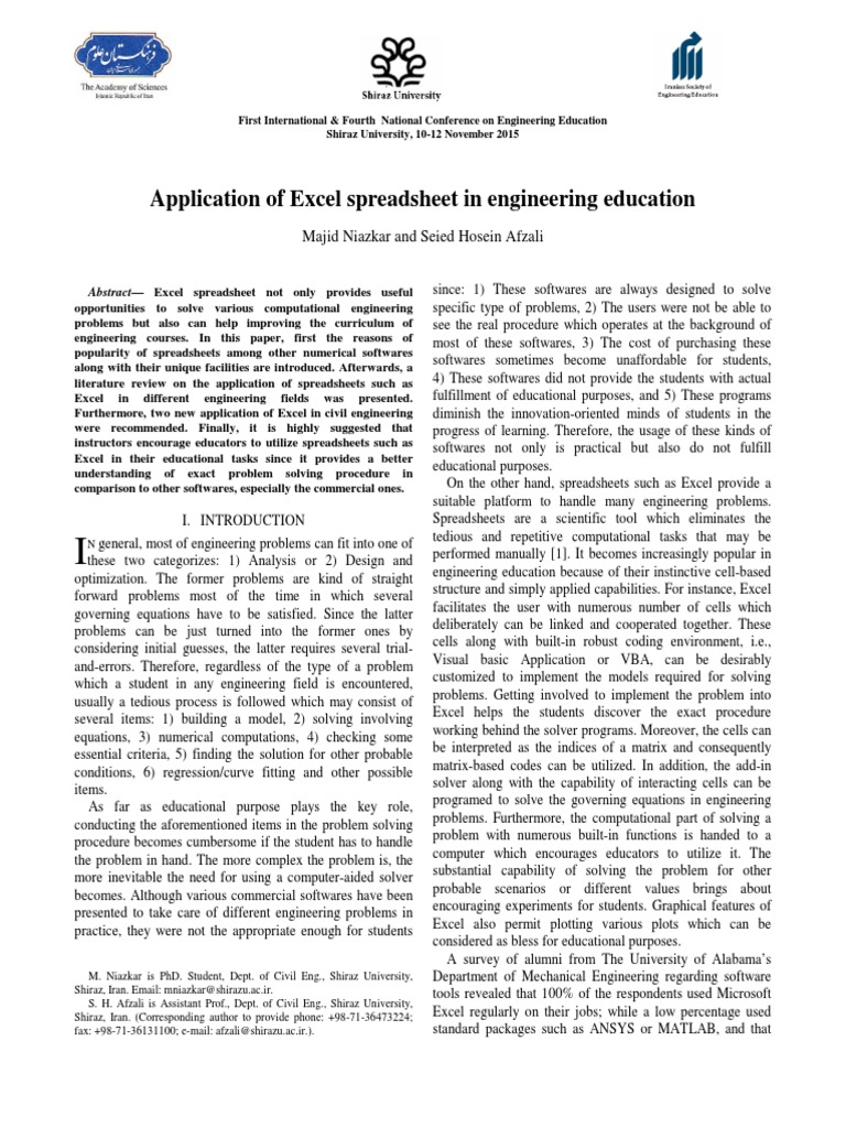 Application of Excel Spreadsheet in Engineering Education: Majid ...