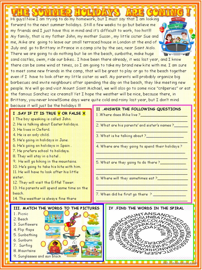The Summer Holidays Are Coming - Reading Comprehension | PDF