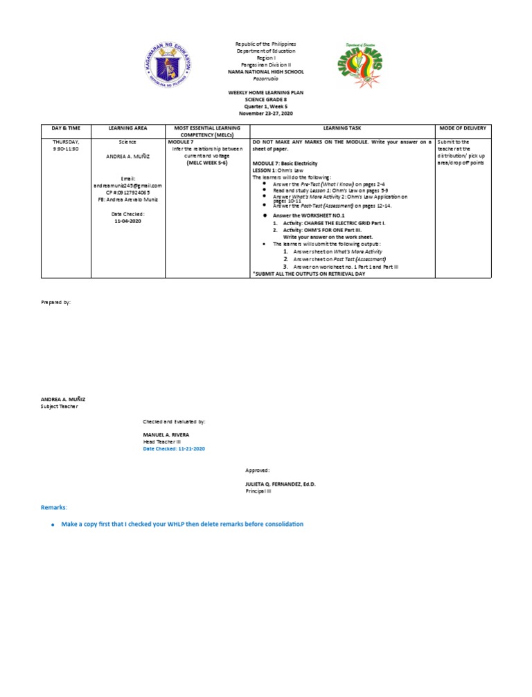 AAM Science Grade 8 Week 5 WHLP | PDF | Learning | Electricity