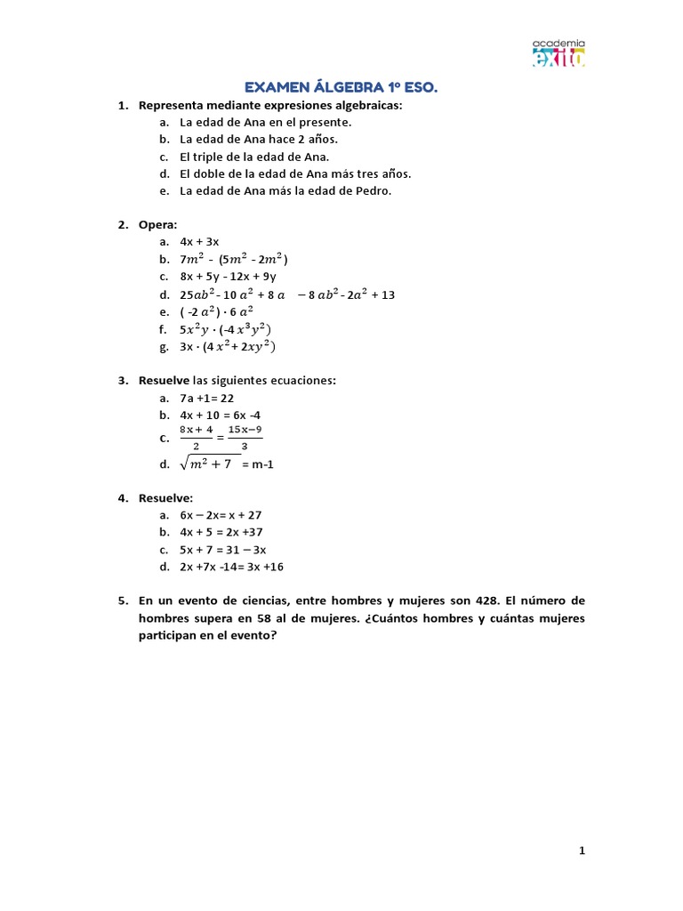 Examen Álgebra 1º Eso | PDF