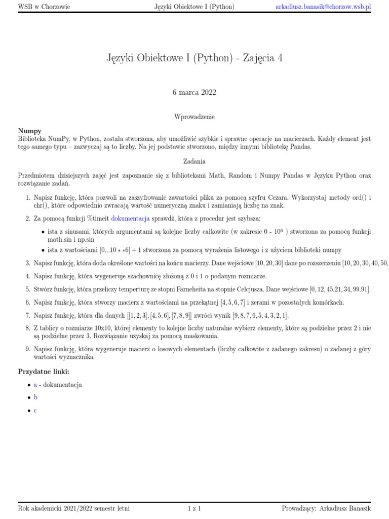 J Zyki Obiektowe I Python Zaj Cia 4 PDF | PDF