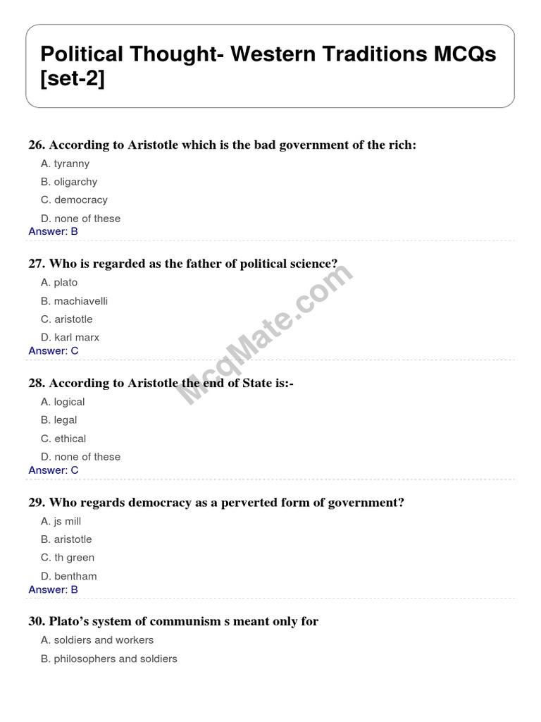 Political Thought- Western Traditions MCQs [set-2]: Exploring Key ...
