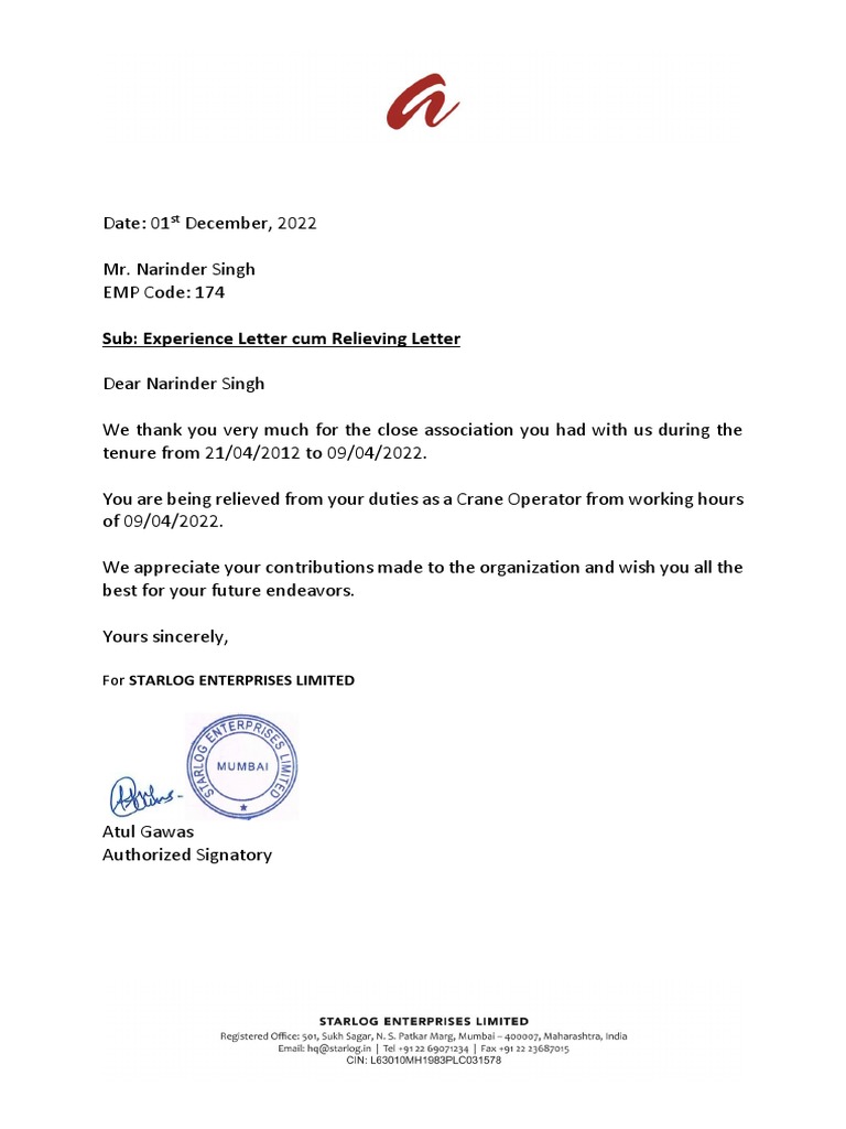 Experience and Relieving Letter for Narinder Singh | PDF